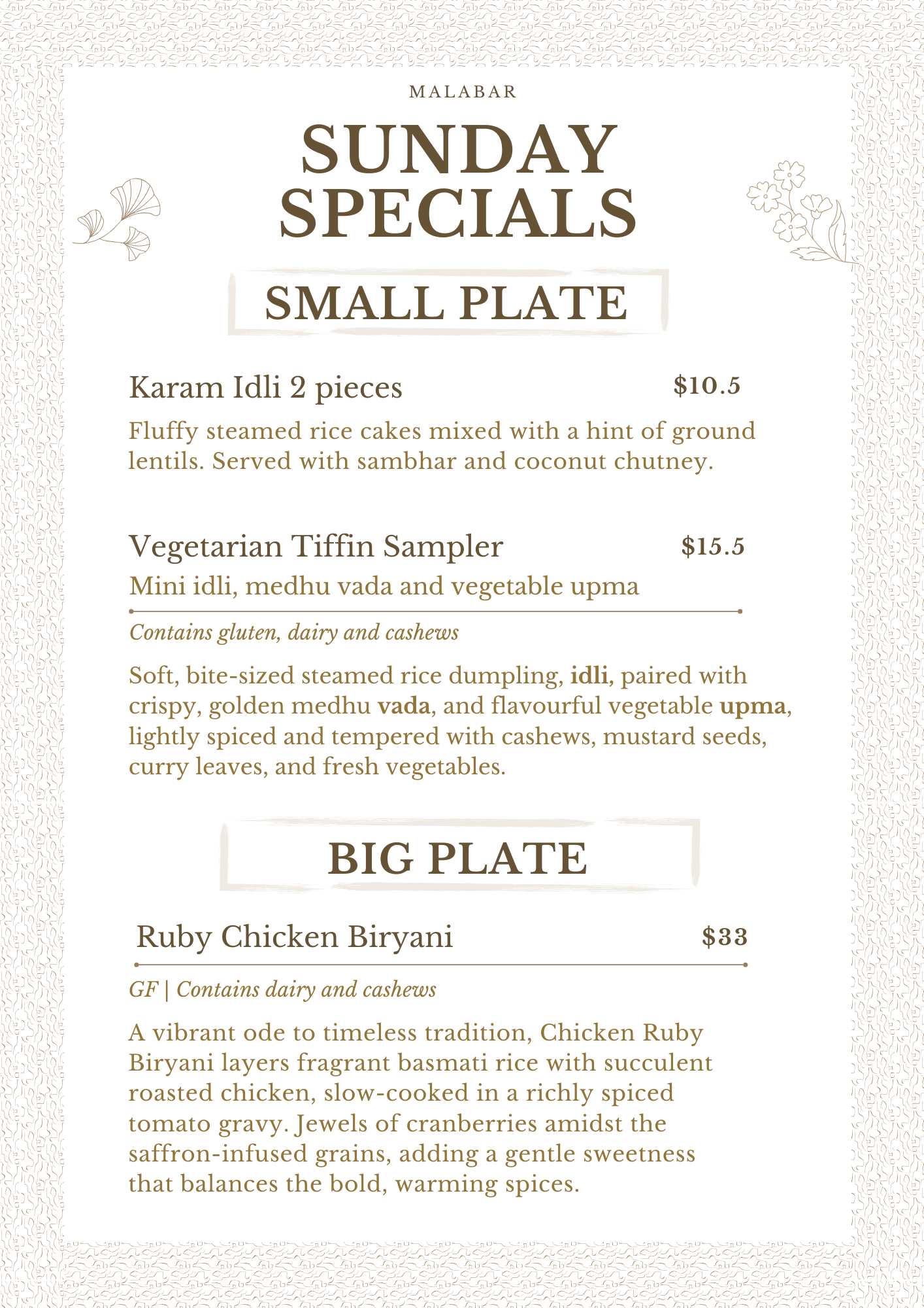 Sunday Special Menu – Indian Restaurant Sydney | Malabar Darlinghurst