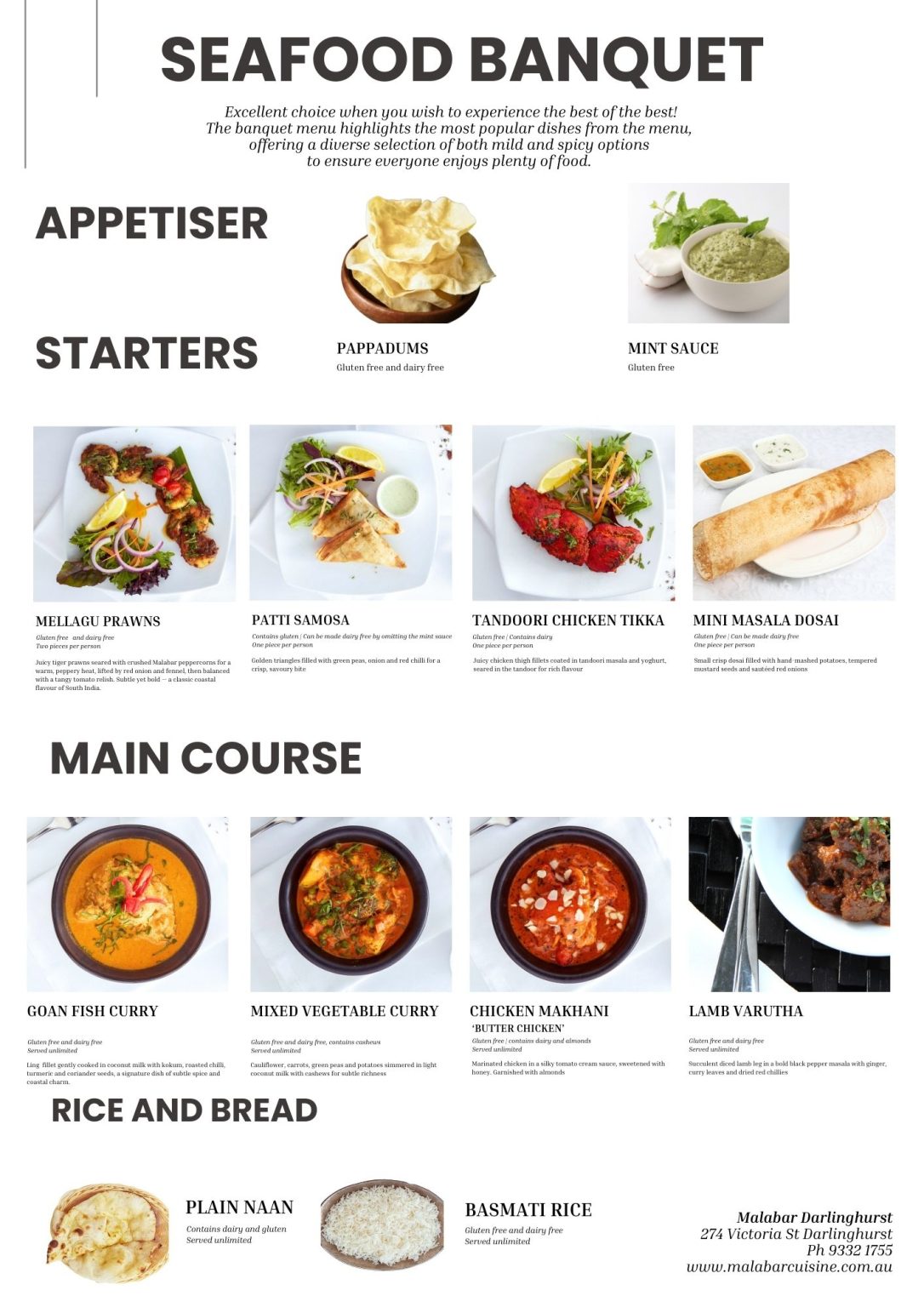 Set Banquet Menus – Indian Restaurant Sydney | Malabar Darlinghurst